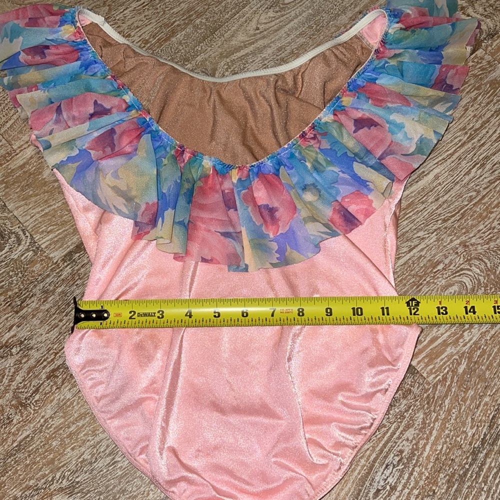 Vintage 1970s 80s Pink Ruffle Floral Swimsuit Leotard… - Gem